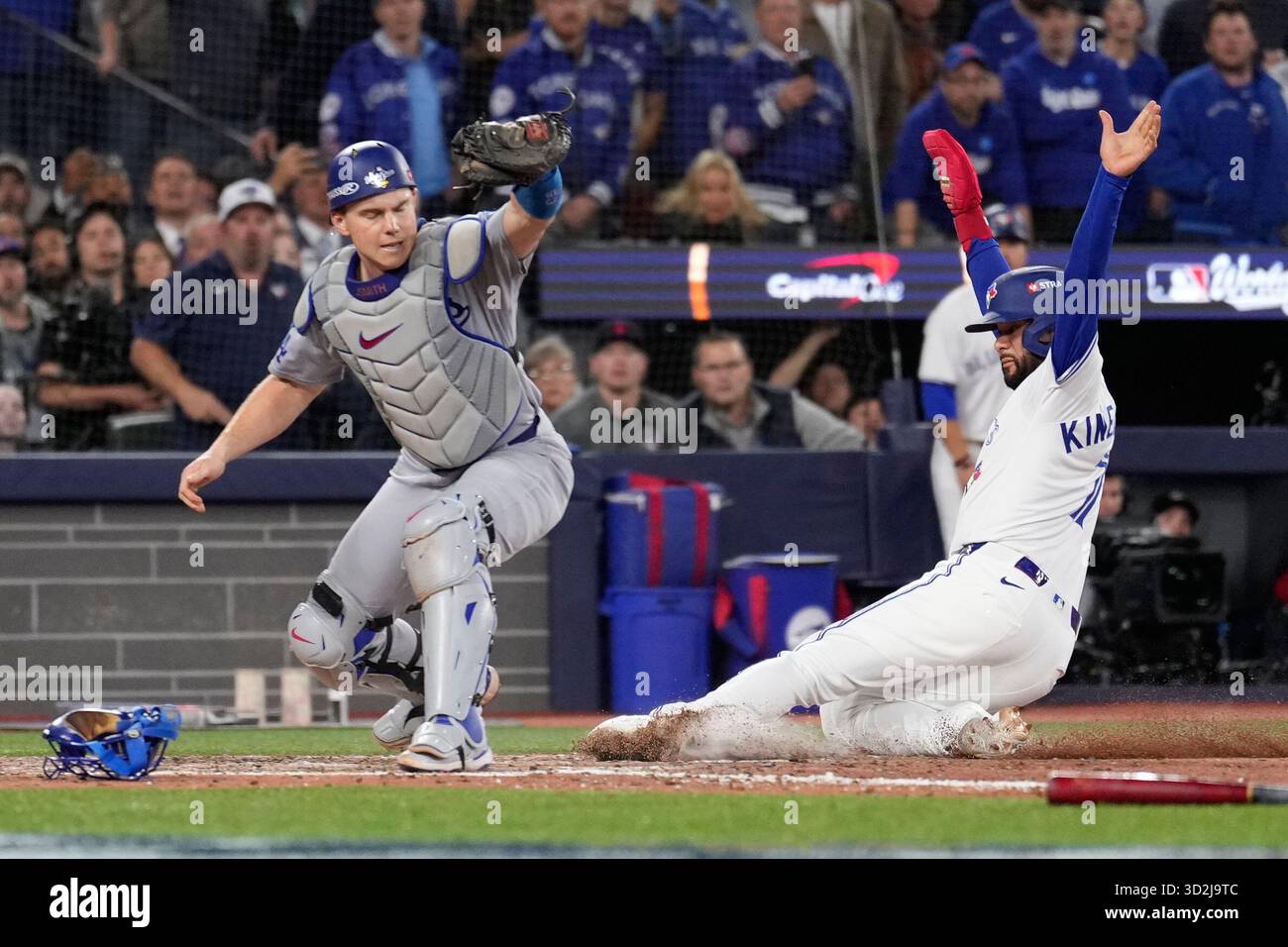Toronto Blue Jays' Isiah Kiner-Falefa is forced out at home by Los ...