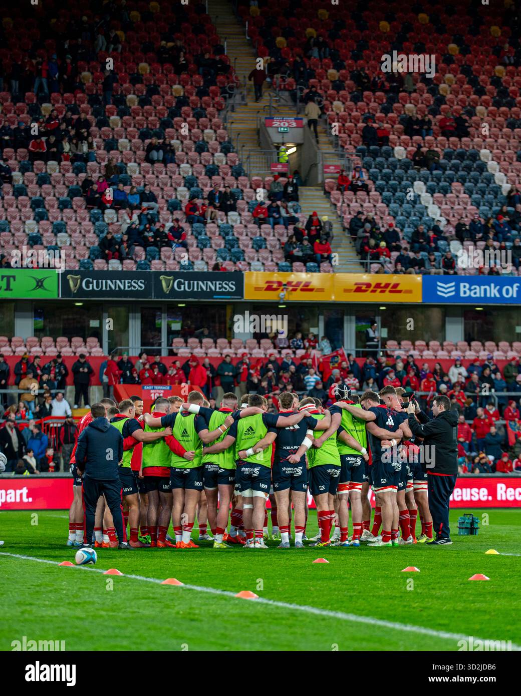 Munster rugby players in a huddle during the international friendly ...
