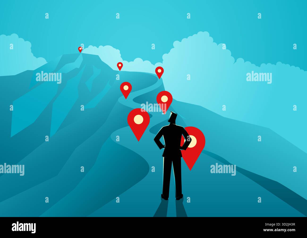 Success journey concept, businessman following map pins toward mountain ...