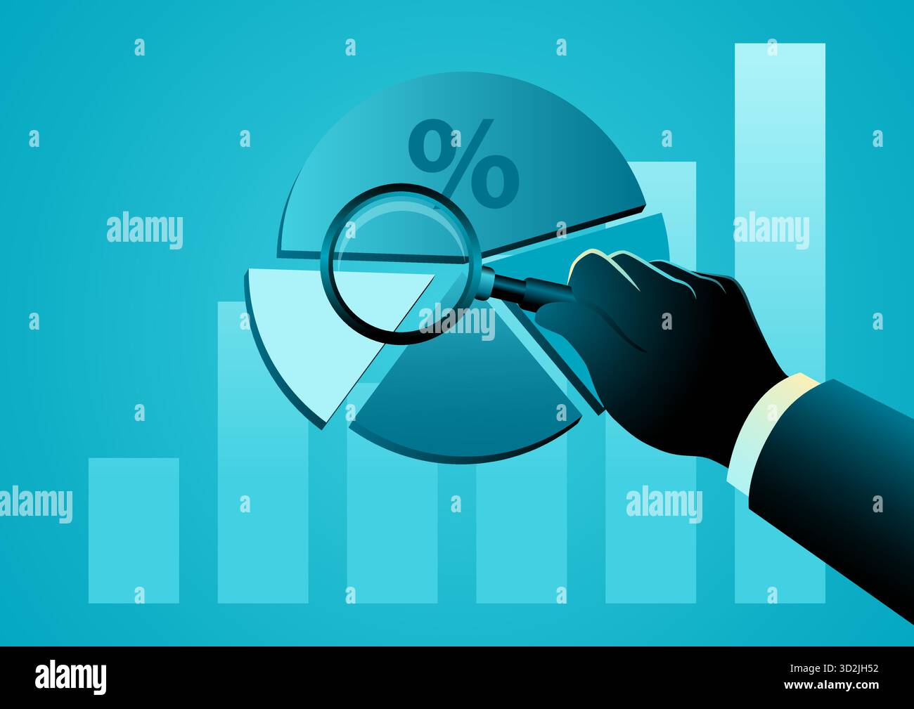 Business or investment data analysis, hand with magnifying glass examining pie chart Stock ...