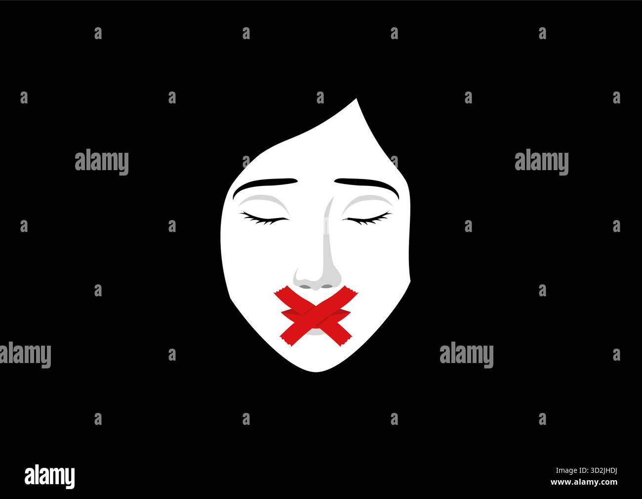 Minimalist vector illustration of a womans face with red tape forming ...