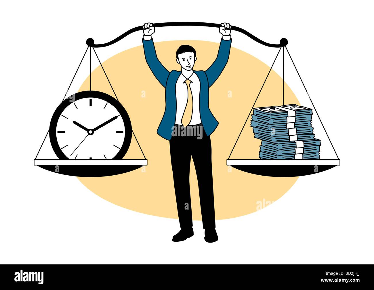 Cartoon businessman stands confidently, balancing a scale with money on ...