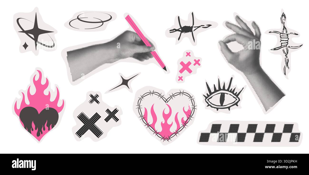 Y2k geometric elements set, heart with flame, barbed wire, halftone ...