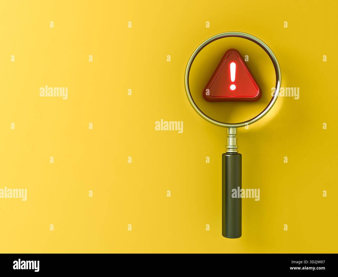 Magnifying glass focus on 3d red hazard warning attention sign with ...