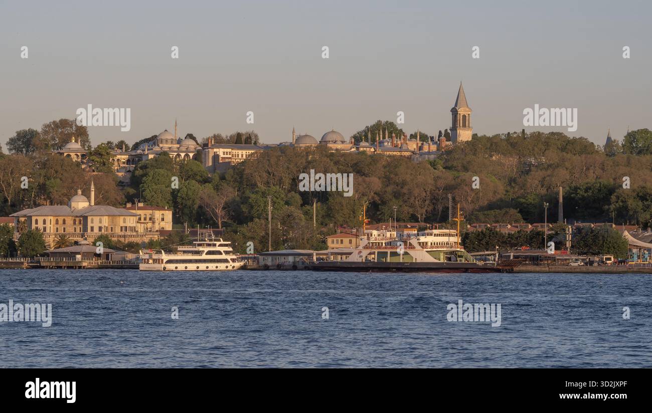 Topkapi Palace complex with towers and domes surrounded by forested ...