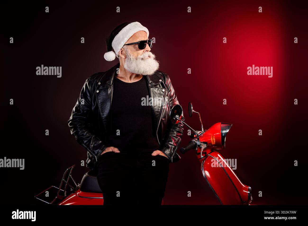 Mature santa rocker in leather jacket and red scooter pose in stylish ...