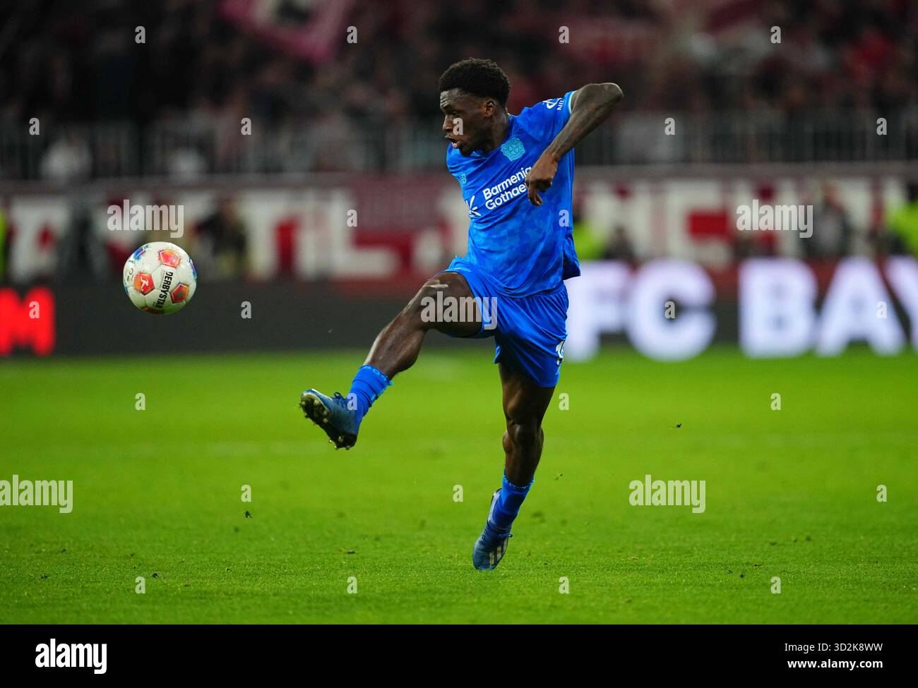 November 01 2025: Ernest Poku of Bayer 04 Leverkusen controls the ball ...
