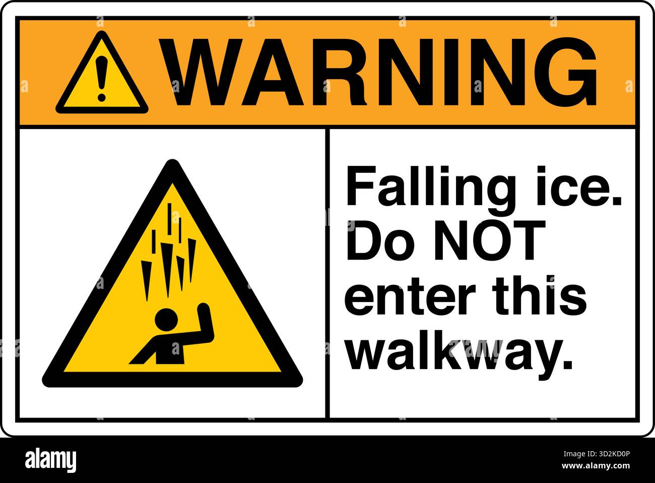 The "Safety Sign: Falling Ice – Do Not Enter This Walkway" warns ...