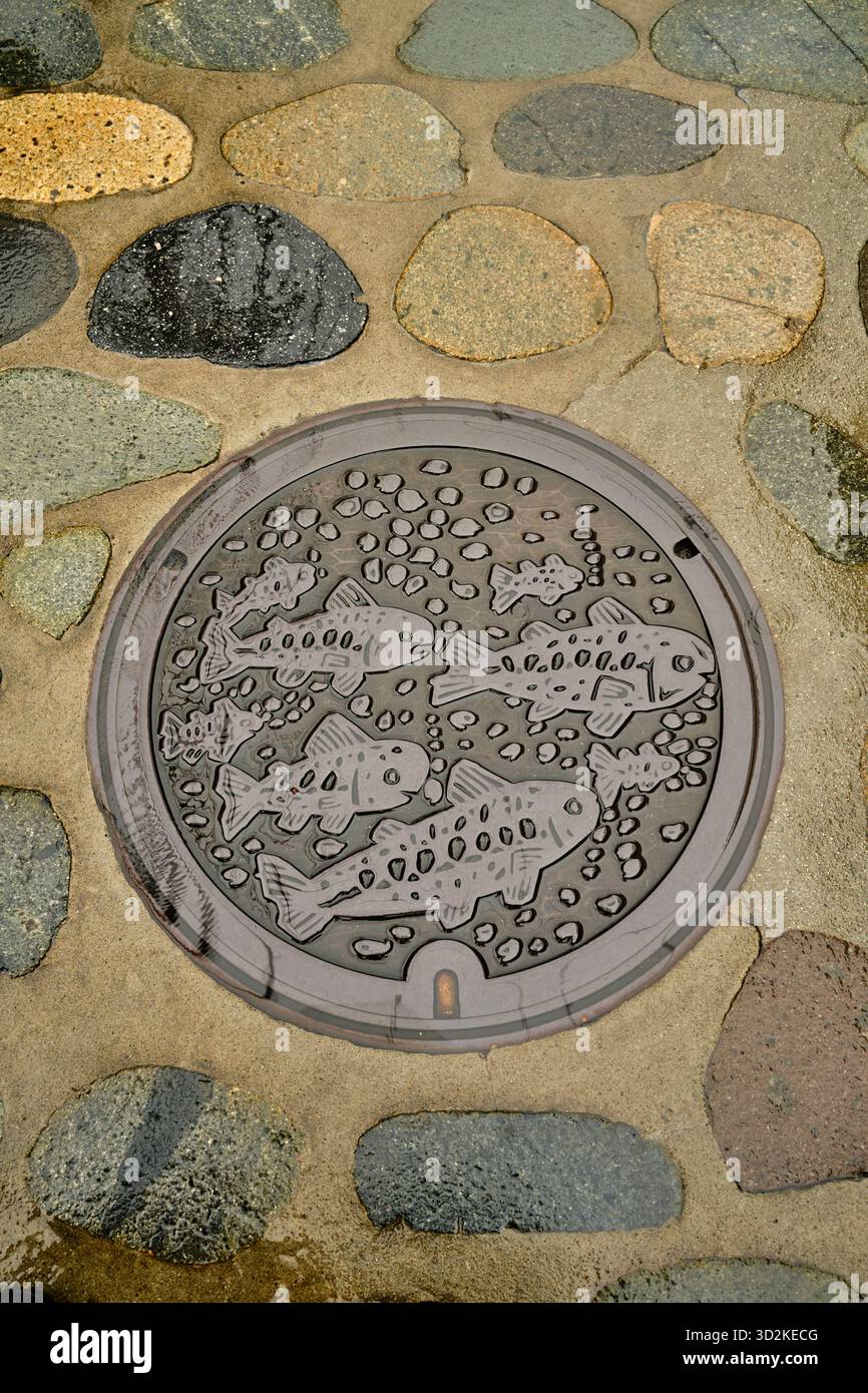 Manhole decorated with koi fish carvings at Gujo Hachiman, Gifu, Japan ...