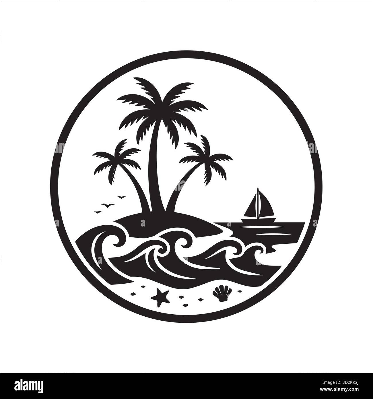 Tropical Beach Island Logo Design with Palm Trees, Waves, and Sailboat ...