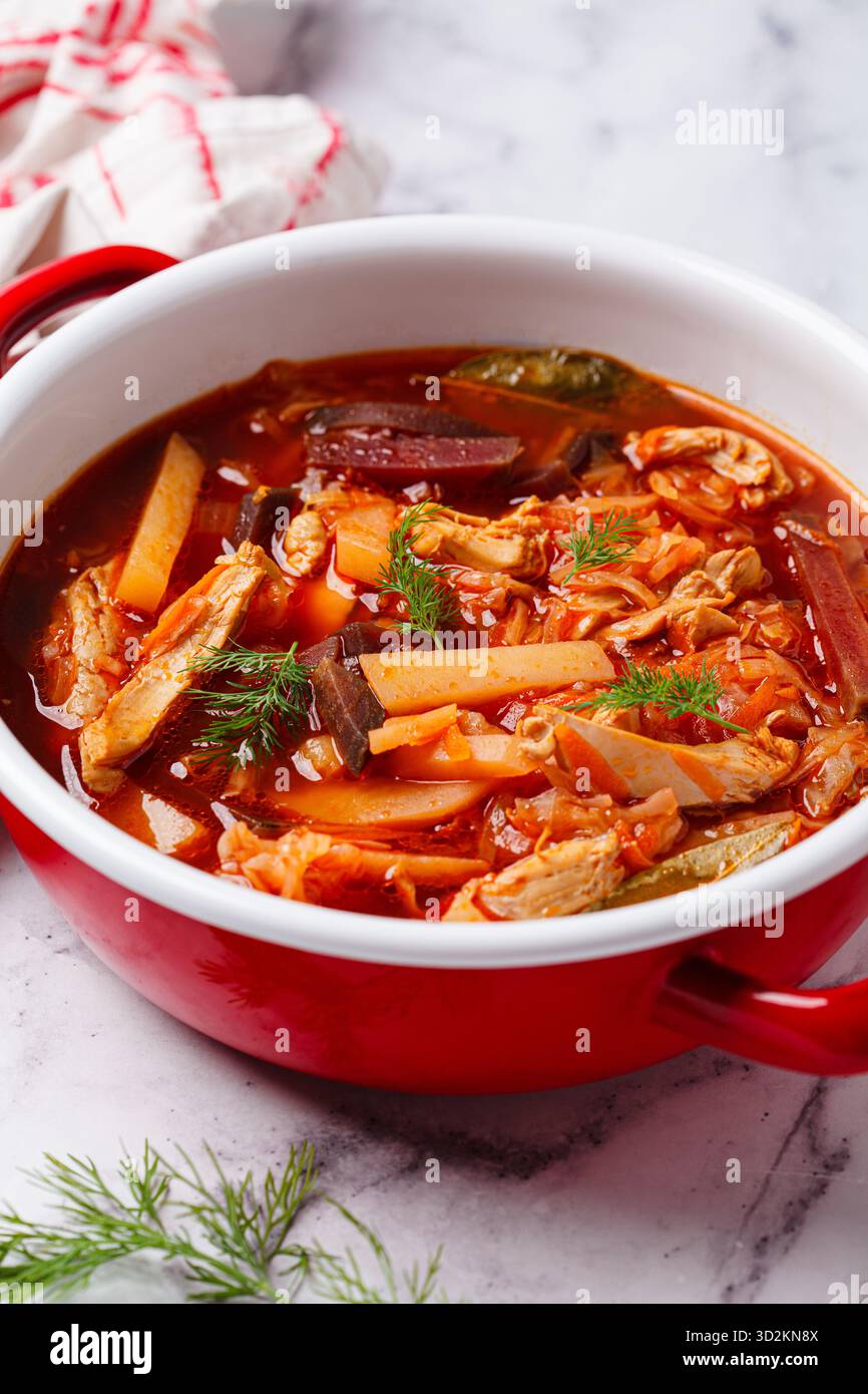 Classic homemade borscht with chicken in a red pot Stock Photo - Alamy