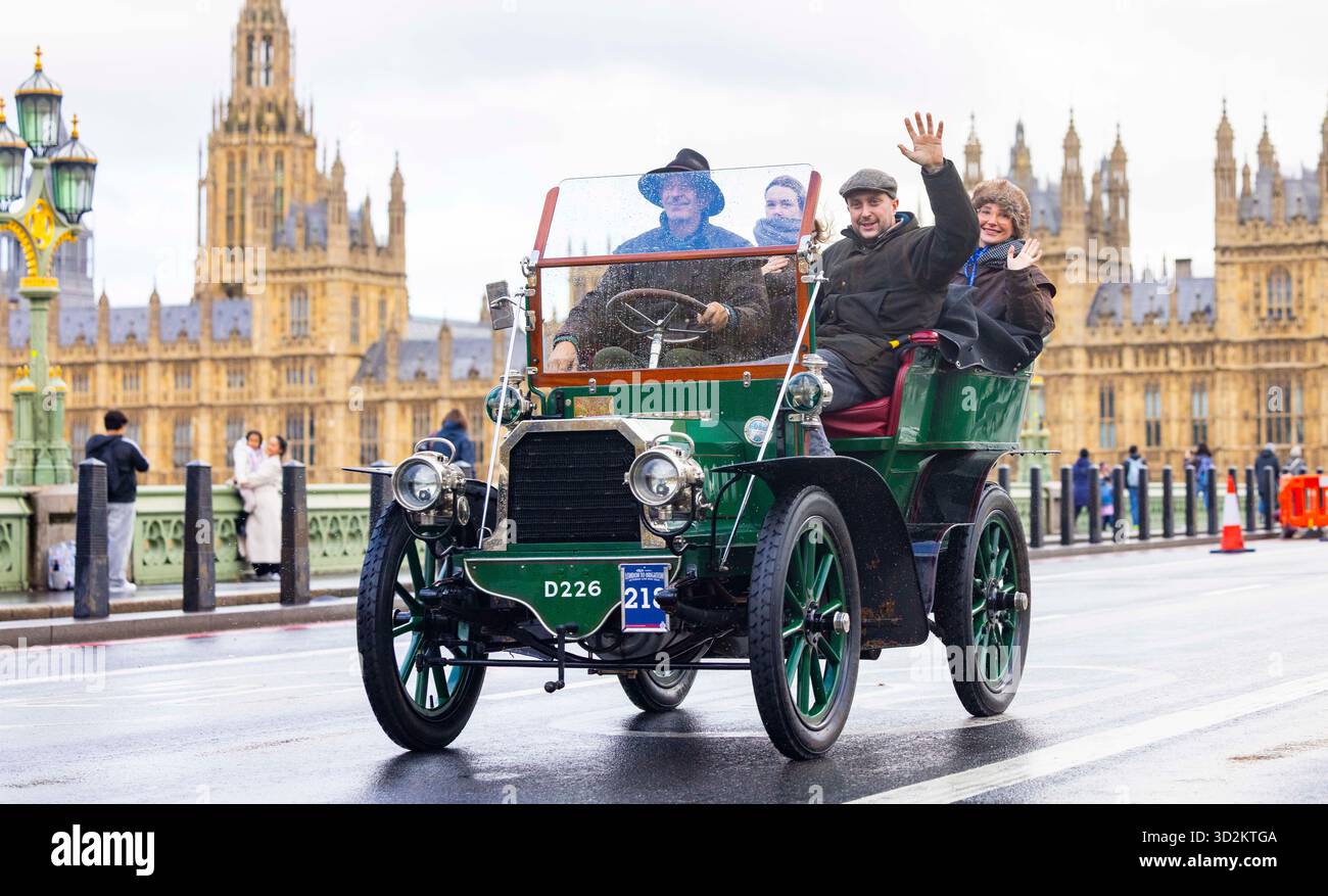 London, UK. 2 Nov 2025 Veteran cars crossing Westminster Bridge. The ...