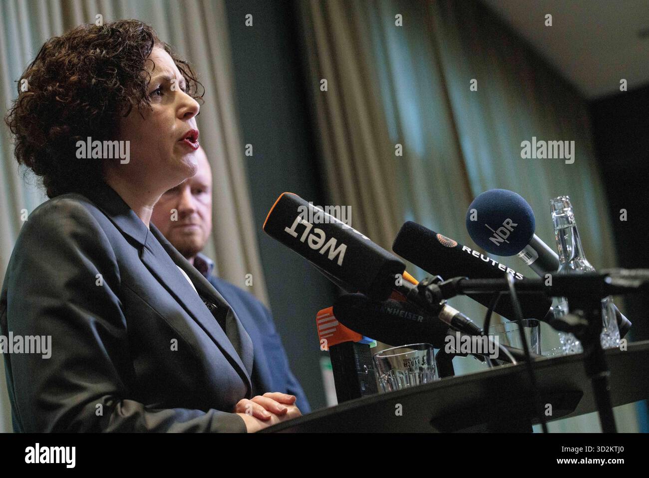 02 November 2025, Berlin: Amira Mohamed Ali (l), Co-Chair BSW, speaks ...