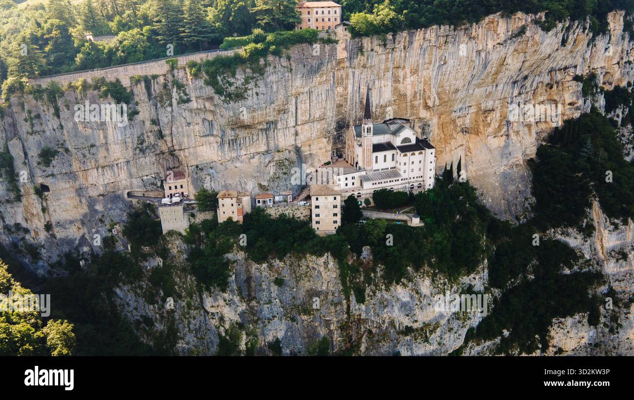 Drone landscape view of historic sanctuary on Italian mountain cliff ...