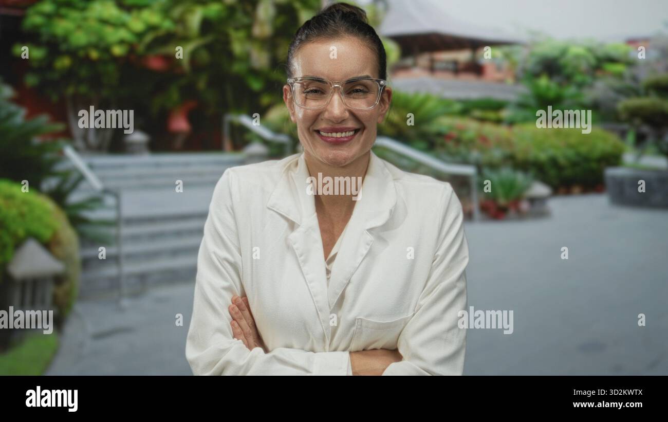 Scientist woman in white coat sticks tongue out while crossing arms in ...