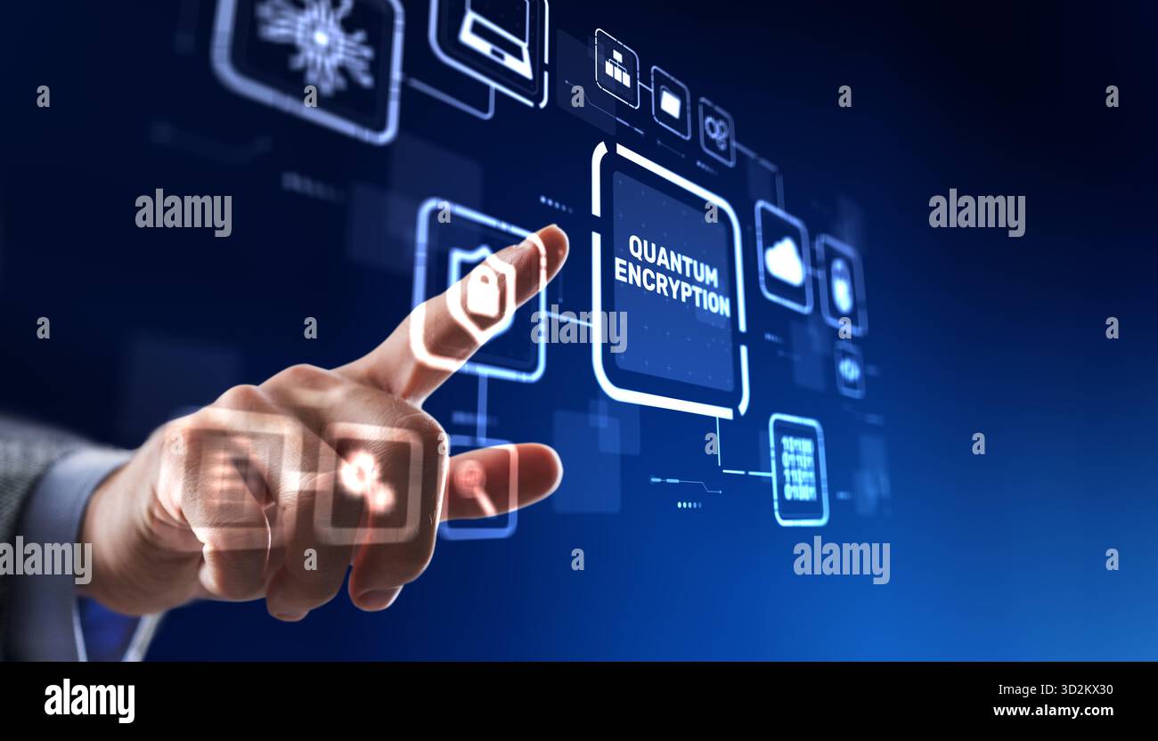 Advanced quantum encryption technology protecting digital data with unbreakable security codes ...