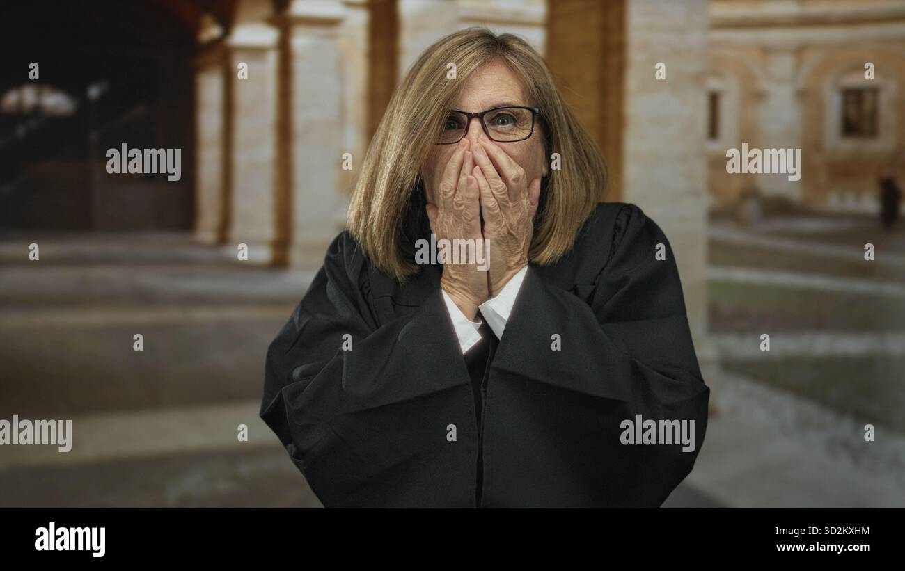 Caucasian woman judge raises hands with palms up in welcoming shrug ...