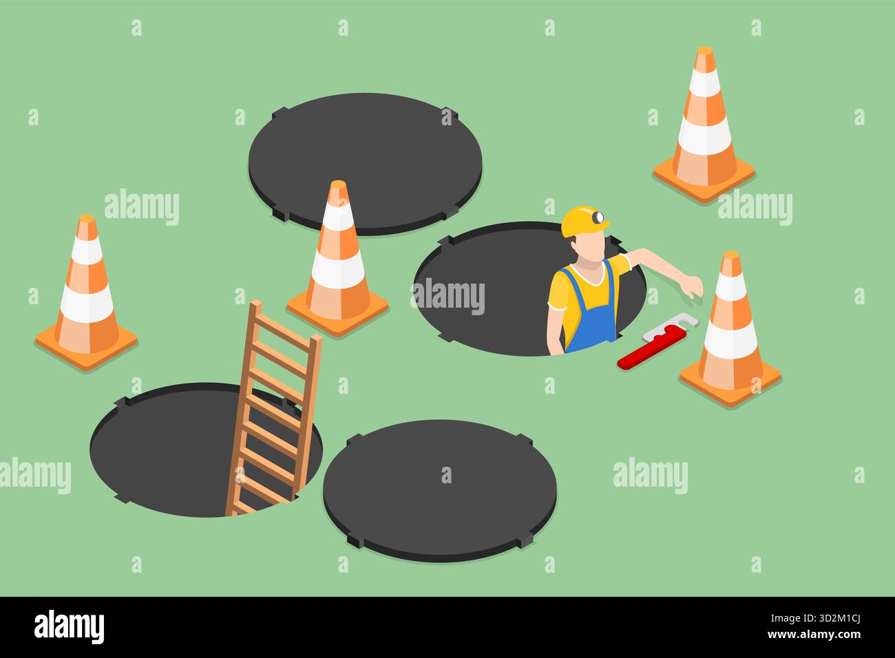 3D Isometric Flat Conceptual Illustration of Sewer Hatch, Opened Street ...