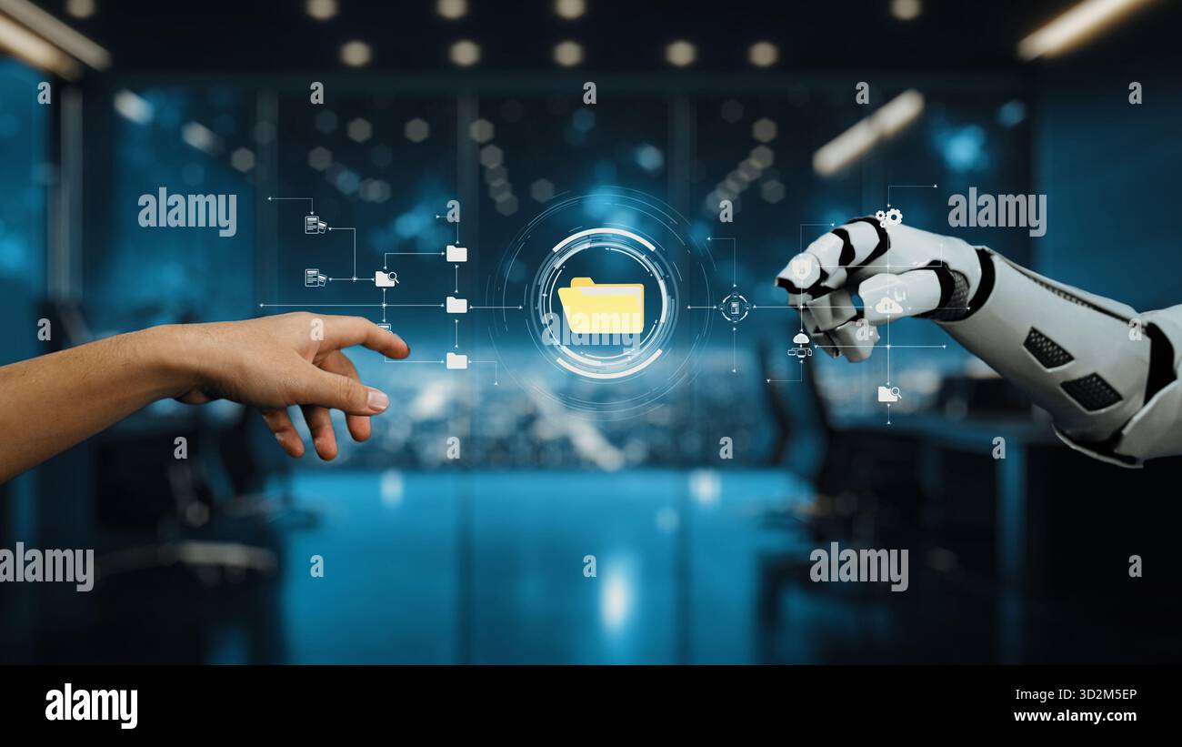 This image depicts a human hand reaching out to a robotic hand in a ...