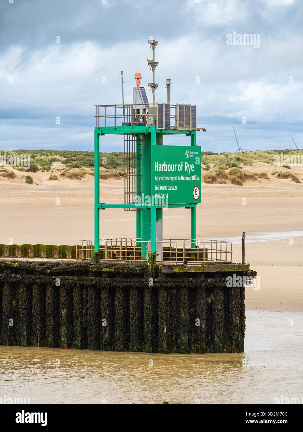 Notice to mariners board and navigation beacons on the East Pier at the ...