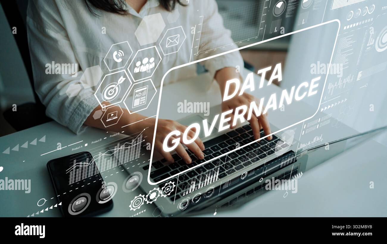 Business professional managing data governance strategy with technology ...