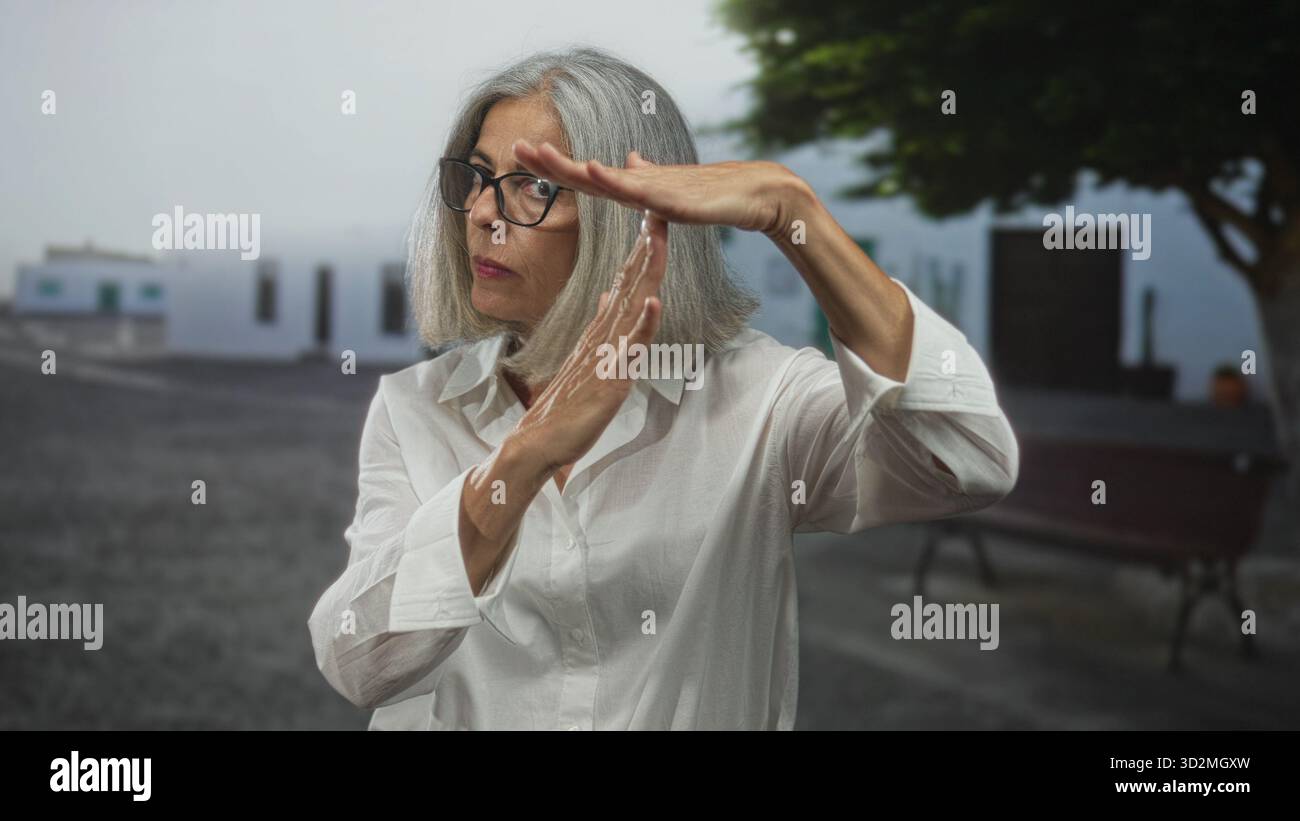 Woman makes timeout hand gesture with visible hands and glasses on ...