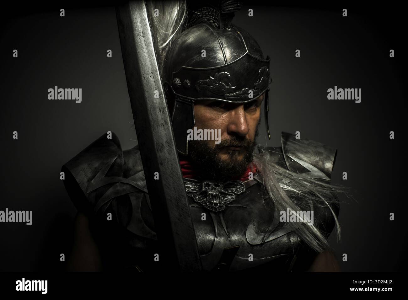 Gladiator, Roman centurion with armor and helmet with white chalk ...