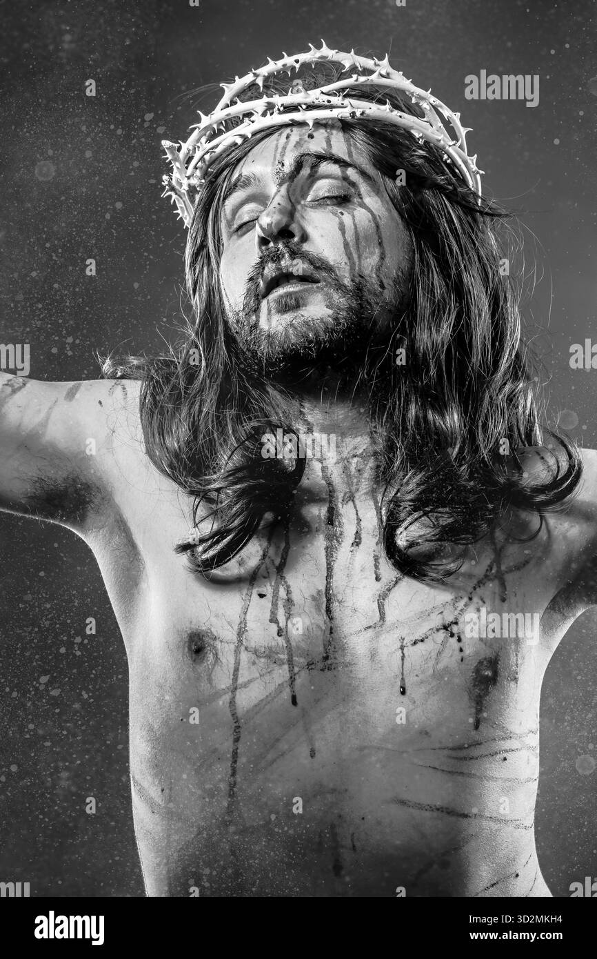 Jesus Christ calvary, man bleeding, representation of passion with ...