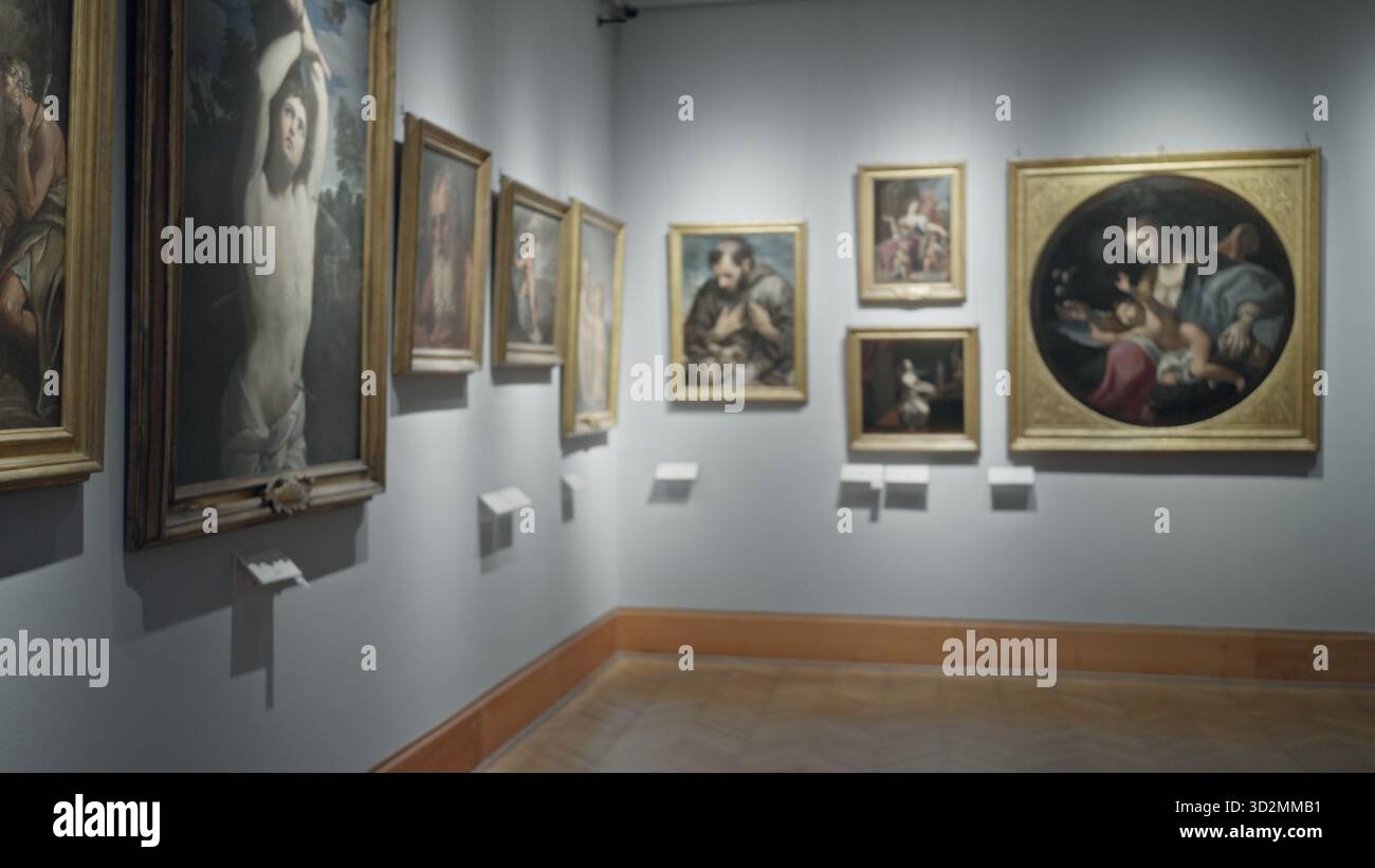 Soft blurred museum gallery wall with framed paintings and labels ...