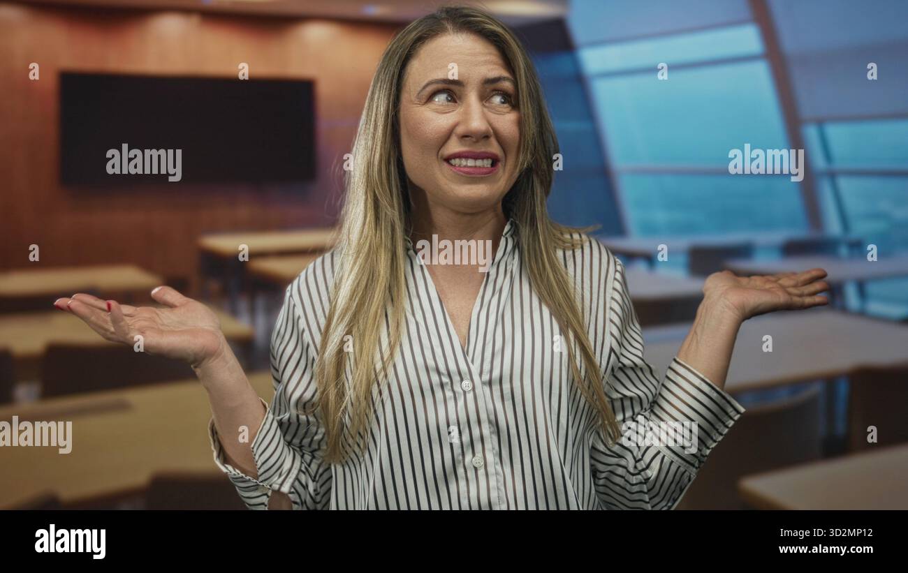 Blonde woman holds hands up shrug gesture with palms visible in a ...