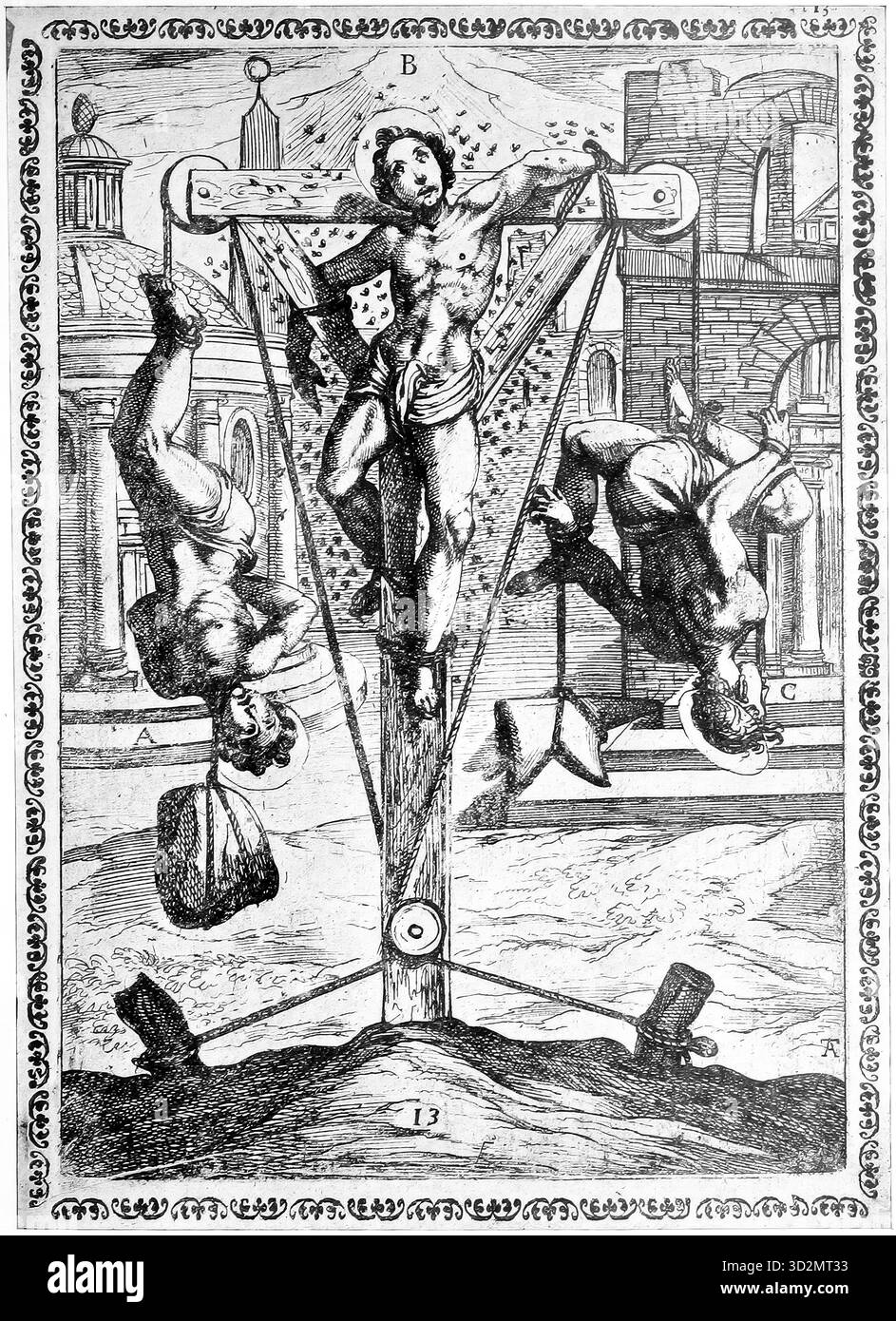 Torture, ordeal, Inquisition, a. Condemned person suspended by both ...