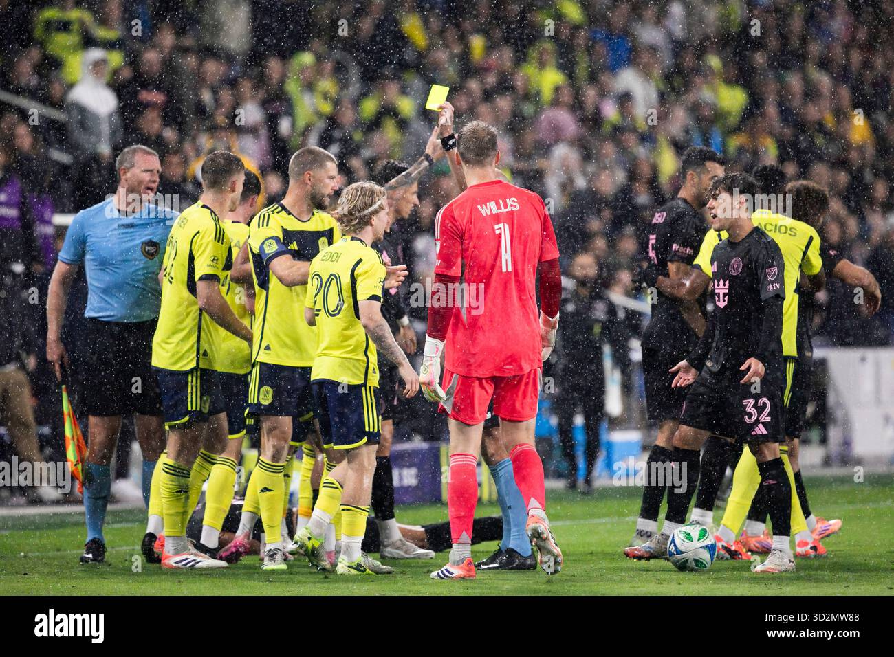 Nashville SC midfielder Edvard Tagseth (20) is shown a yellow card ...