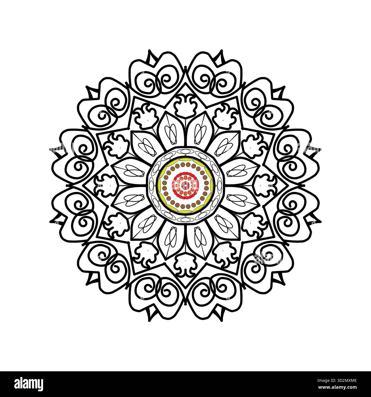 Bold Outline Mandala: Floral and Scroll Pattern with Concentric Dots in ...