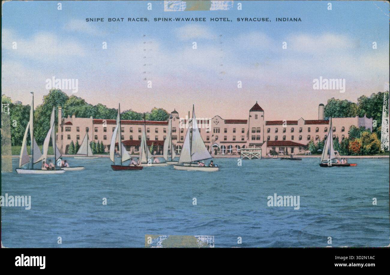 Postcard depicting snipe boat races in front of Spink-Wawasee Hotel ...