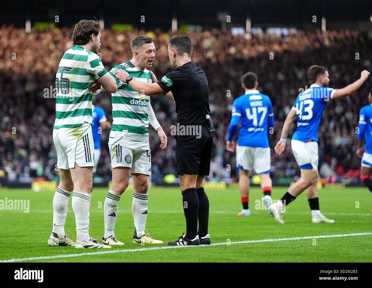 Celtic's Callum McGregor appeals to referee Nick Walsh as he awards a ...