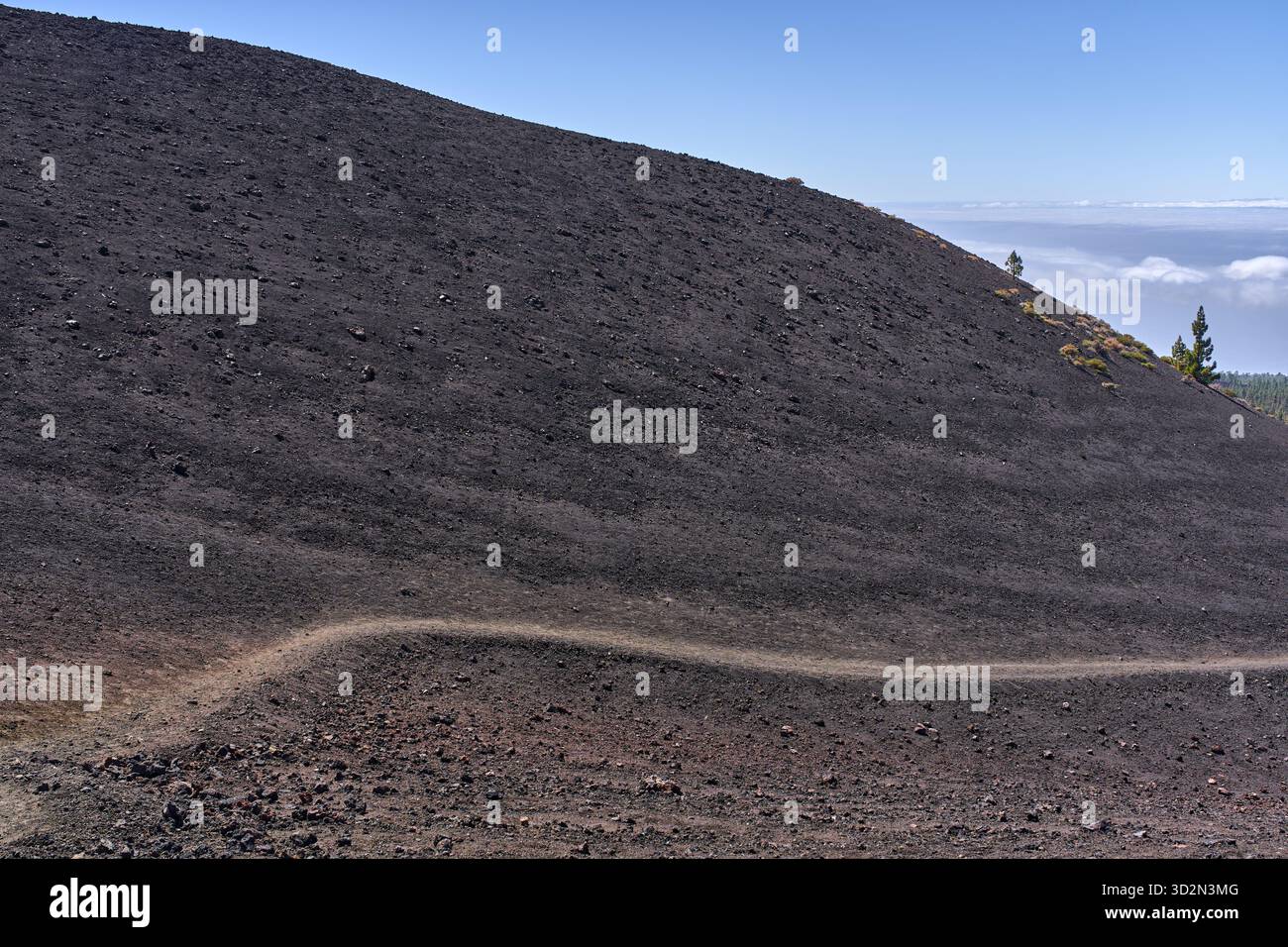 Narrow volcanic trail curving across a steep ash-covered slope near ...