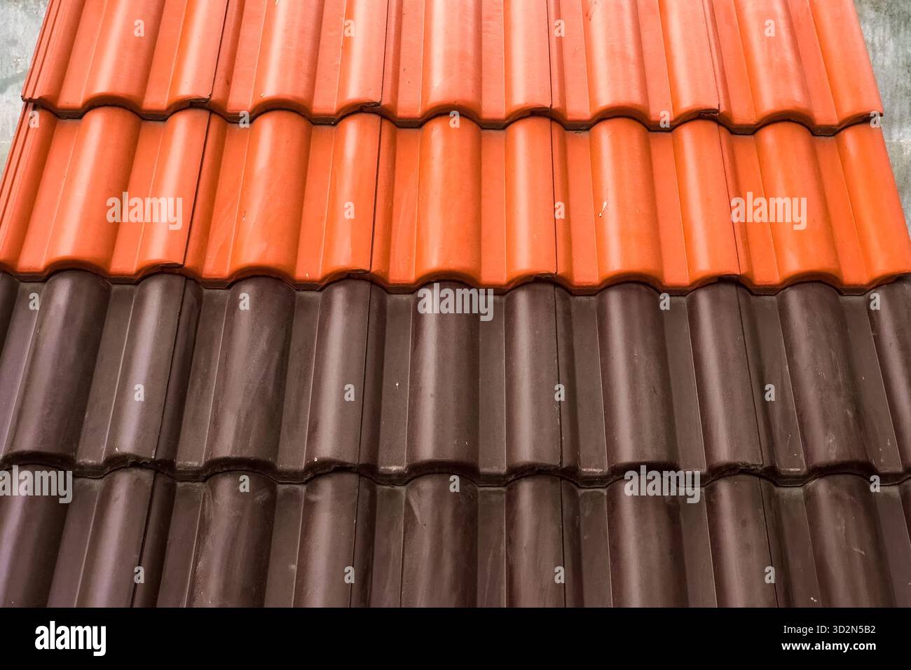 Samples of ceramic roofing tiles in a warehouse of a roofing materials ...