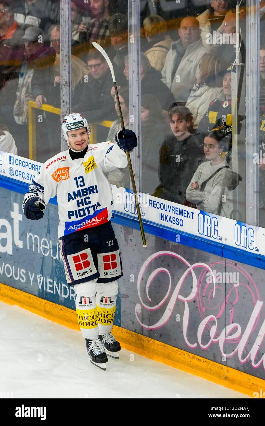 PORRENTRUY, SWITZERLAND - OCTOBER 31: Manix Landry of Ambri during the ...