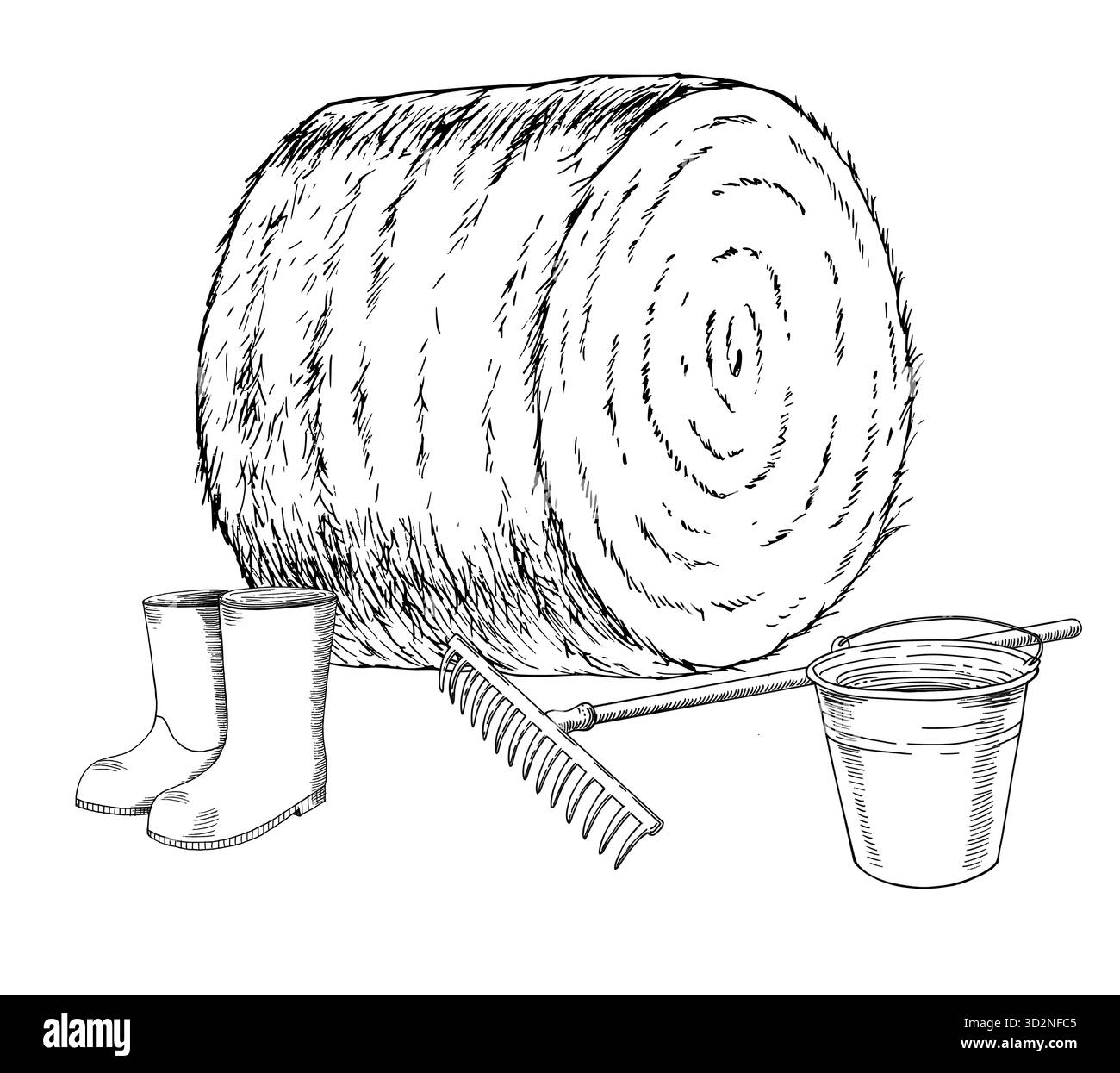 Composition of haystack, rake, bucket and rubber boots. Vector ink ...
