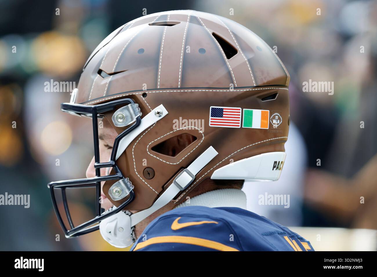 Detail view of the flags of the United States and Ireland on the helmet ...