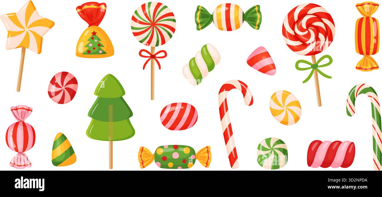 Christmas candy set. Vector flat style Candy canes, lollipop, wrapped ...