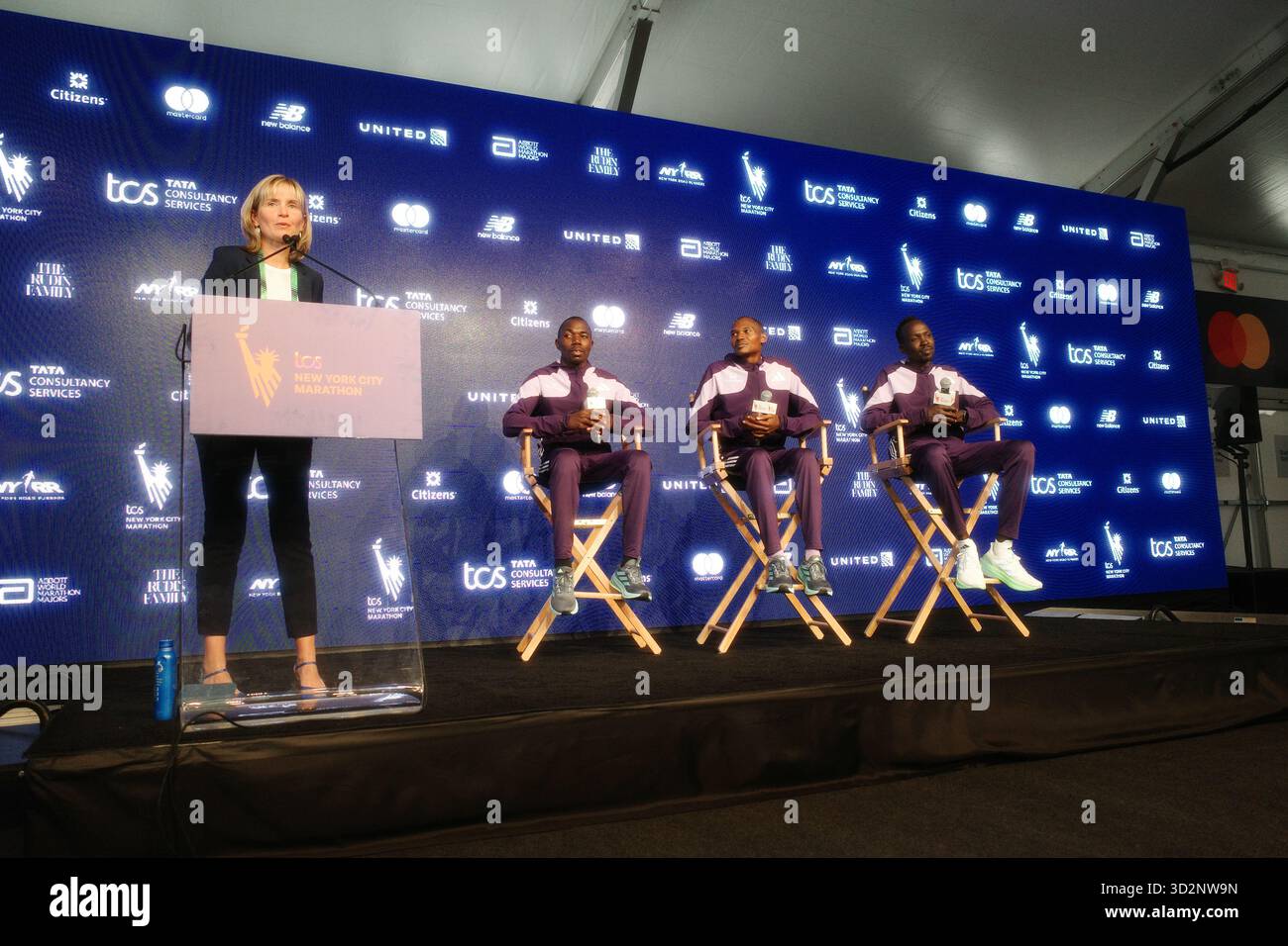 Benson Kipruto, Alexander Mutiso and Albert Korir hold a press conference after the 2025 TCS New ...