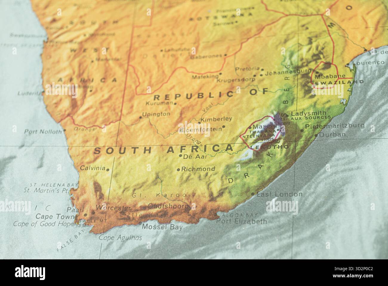 The image shows a topographical relief map of South Africa, focusing on ...