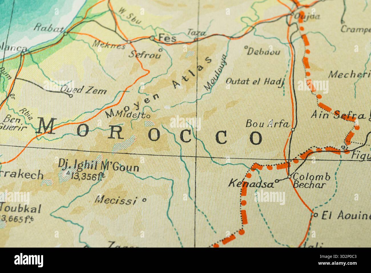 An antique map shows Morocco with geographical features like coastlines ...