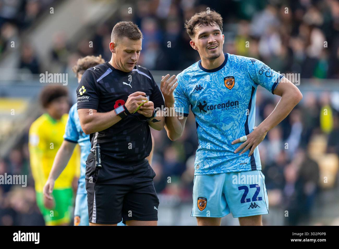 Kyle Joseph of Hull City reacts to Referee Josh Smith during the Sky ...