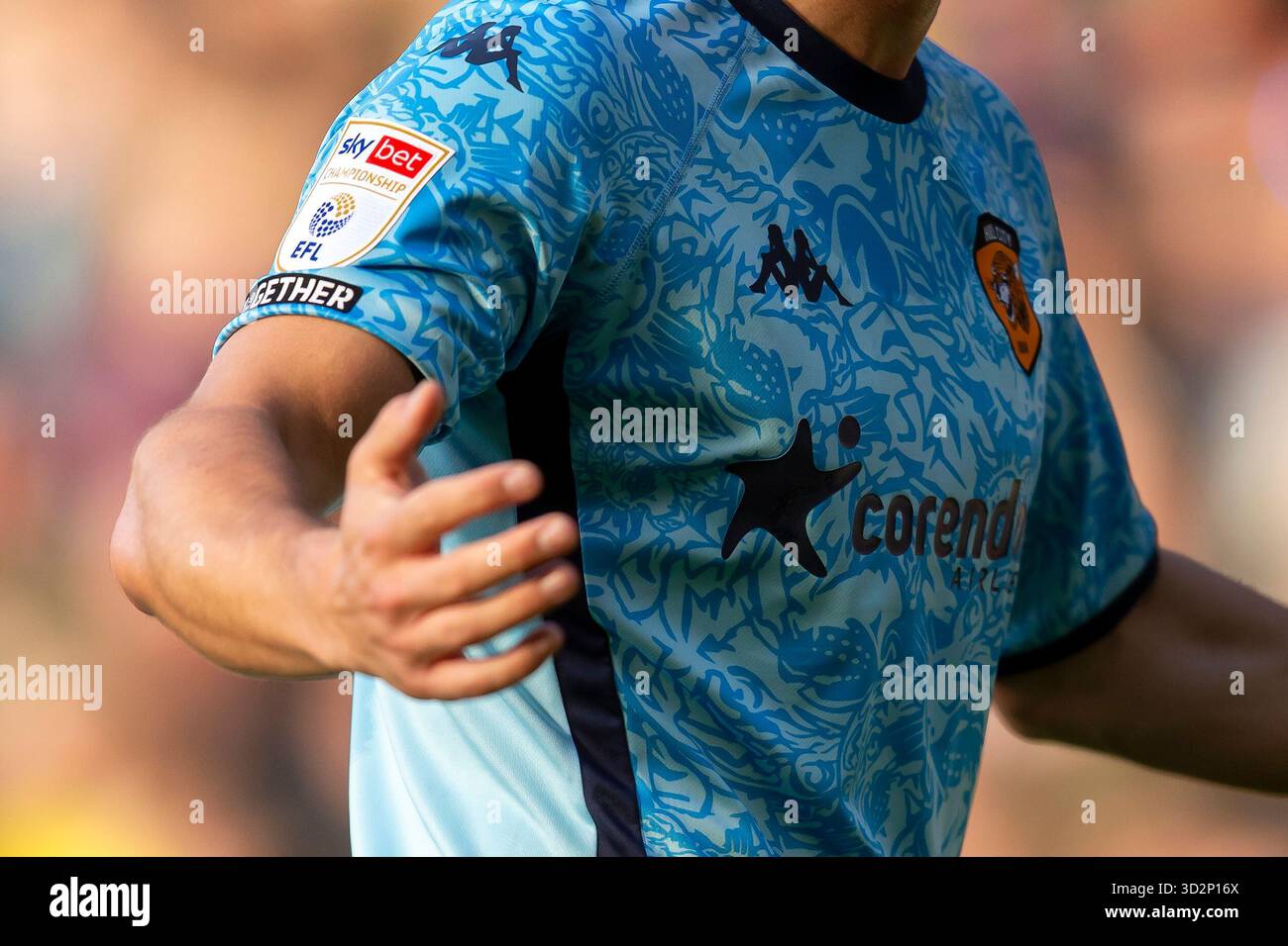 A detailed view of Corendon Airlines advertising on the shirt during ...