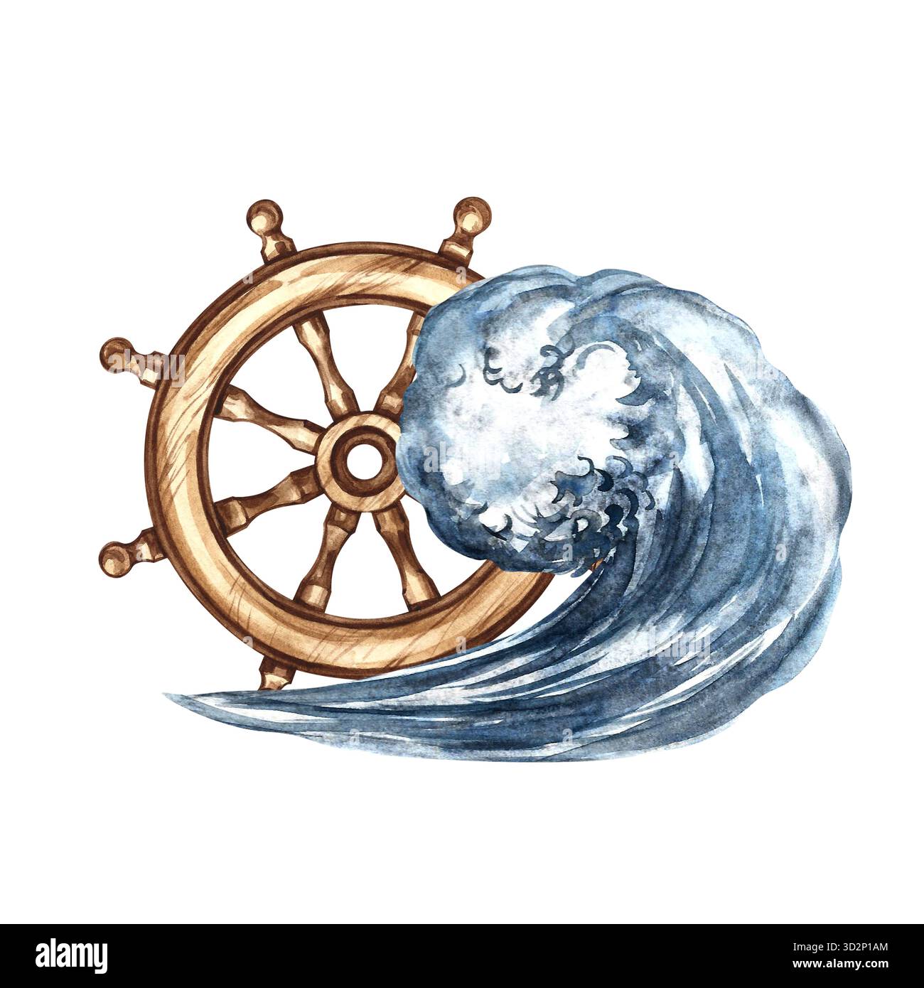 Ship's steering wheel and sea wave. Hand-drawn watercolor illustration ...