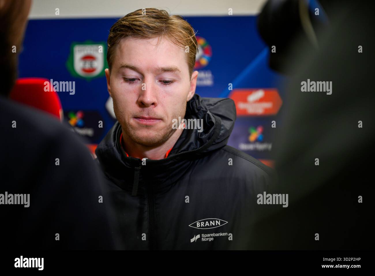 Bryne 20251102. Brann goalkeeper Mathias Dyngeland speaks to the media after the elite series ...