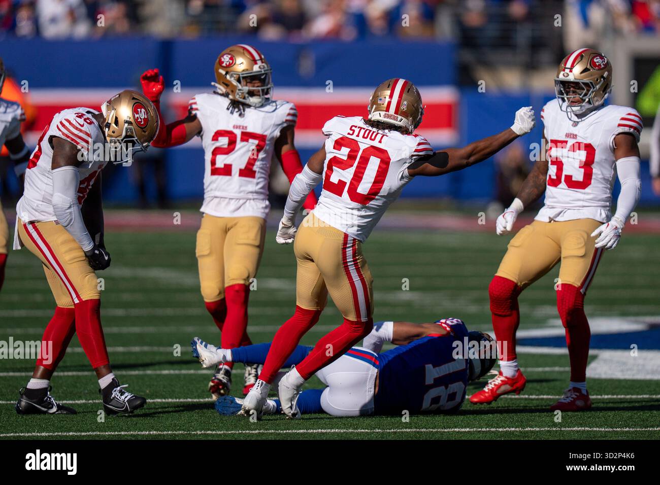 San Francisco 49ers corner back Upton Stout (20) reacts to his stop on ...