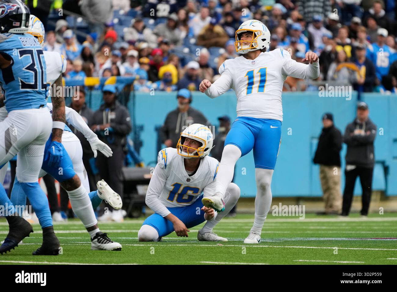 Los Angeles Chargers place kicker Cameron Dicker (11) follows through ...